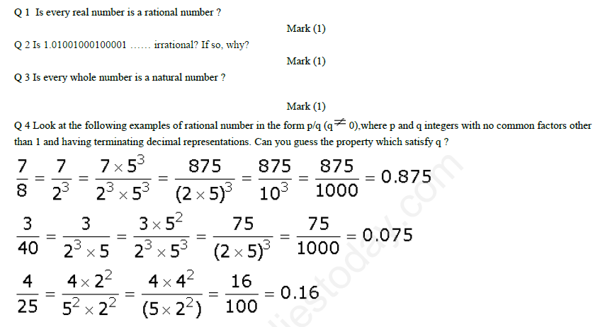 CBSE Class 9 Mathematics Number System Assignment Set D